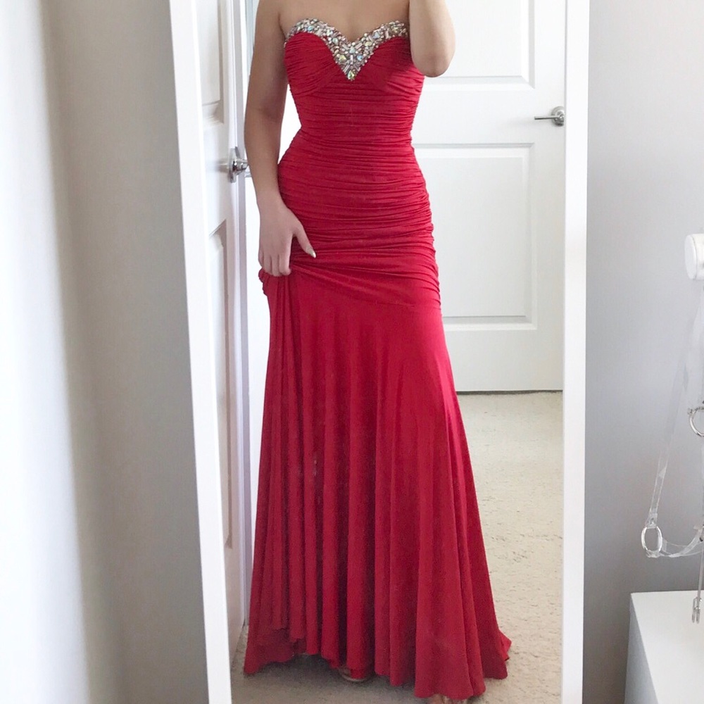 Red Strapless Beaded Crystal Prom Dress - Gem